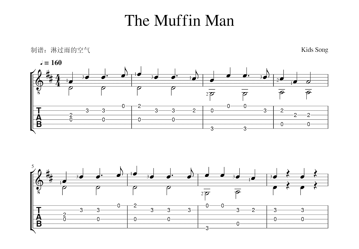 The Muffin Man吉他谱_Kids Song_D调指弹 - 吉他世界
