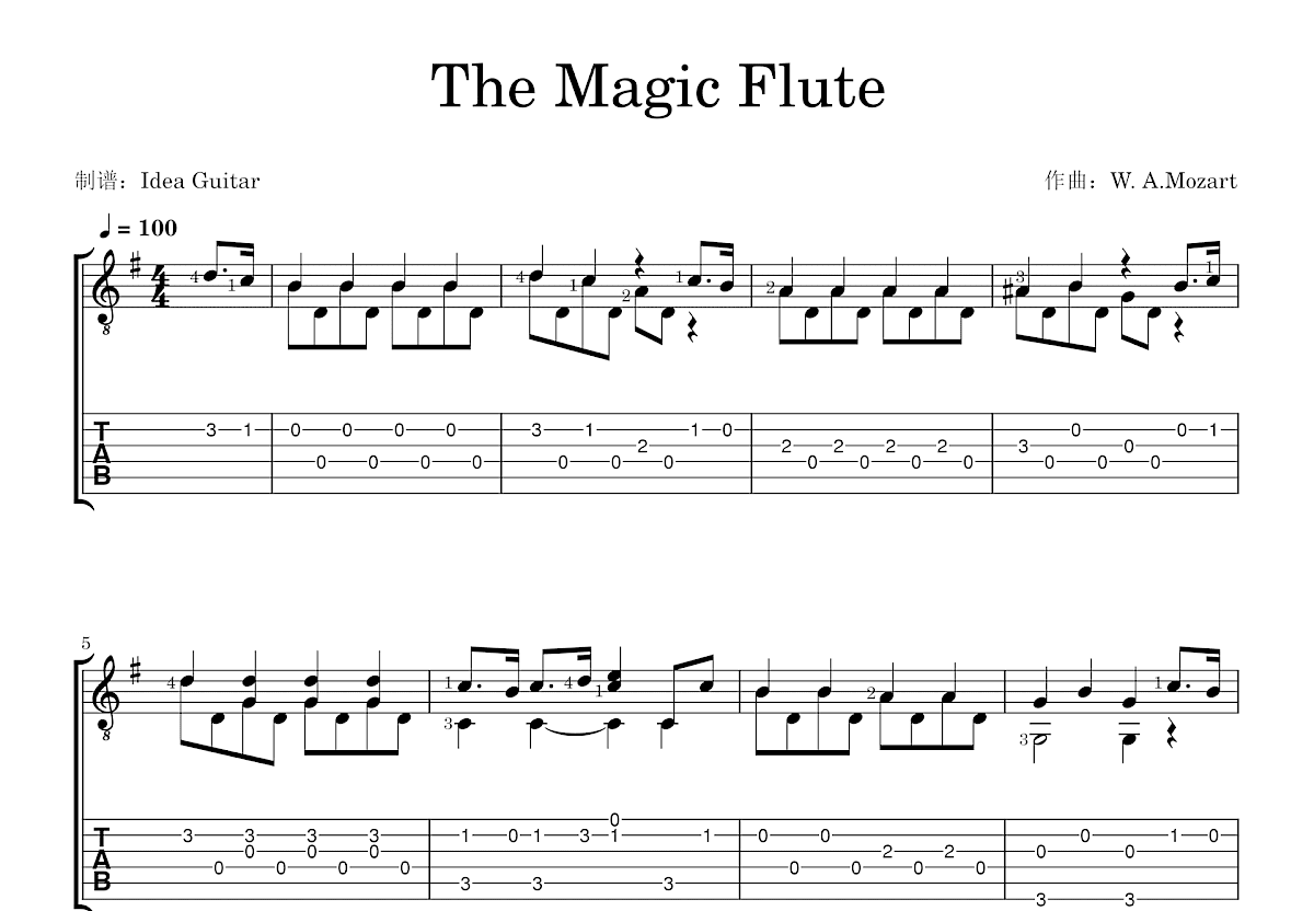 The Magic Flute吉他谱_Wolfgang Amadeus Mozart_G调古典 - 吉他世界