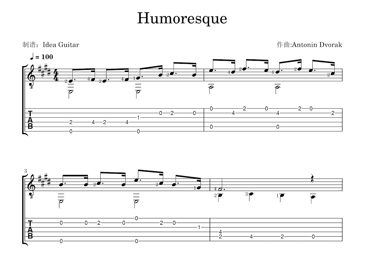 Humoresque吉他谱_Antonin Dvorak_E调古典 - 吉他世界