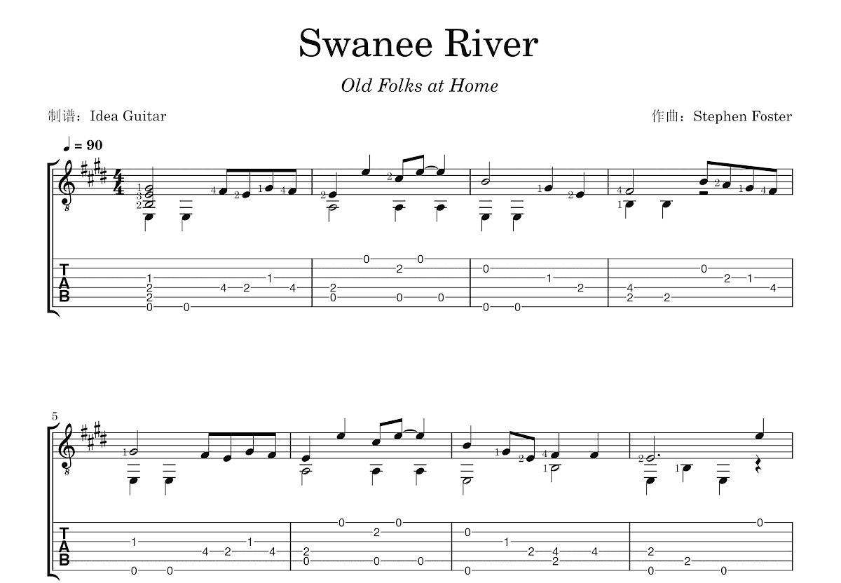 Swanee River吉他谱_Stephen Foster_E调古典 - 吉他世界