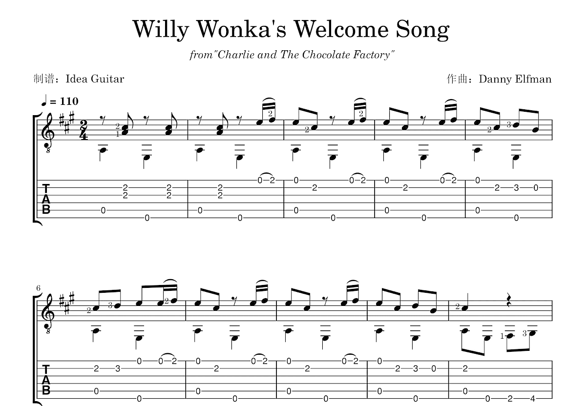 Willy Wonka's Welcome Song吉他谱_Danny Elfman_A调指弹 - 吉他世界