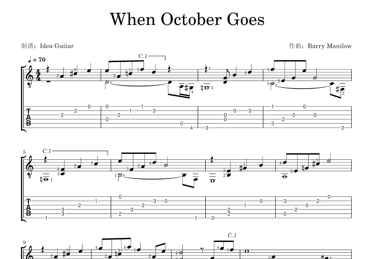 When October Goes吉他谱_Barry Manilow_C调指弹 - 吉他世界